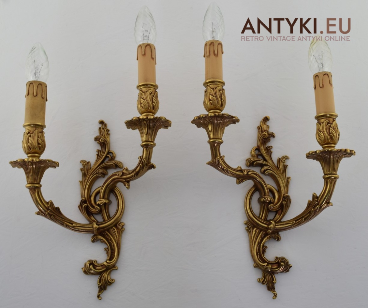 Antyk - złote kinkiety barokowe z brązu. Sygnowane lampy ścienne rococo ...